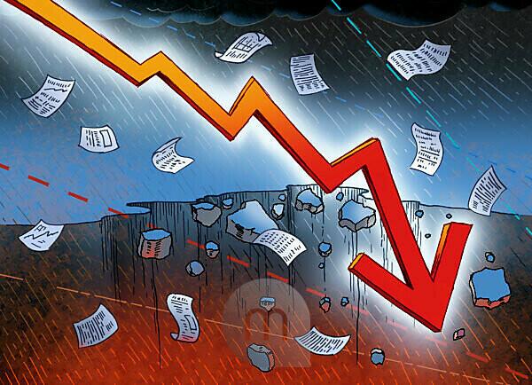 Bildagentur | mauritius images | Red crashing arrow in front of blue ...